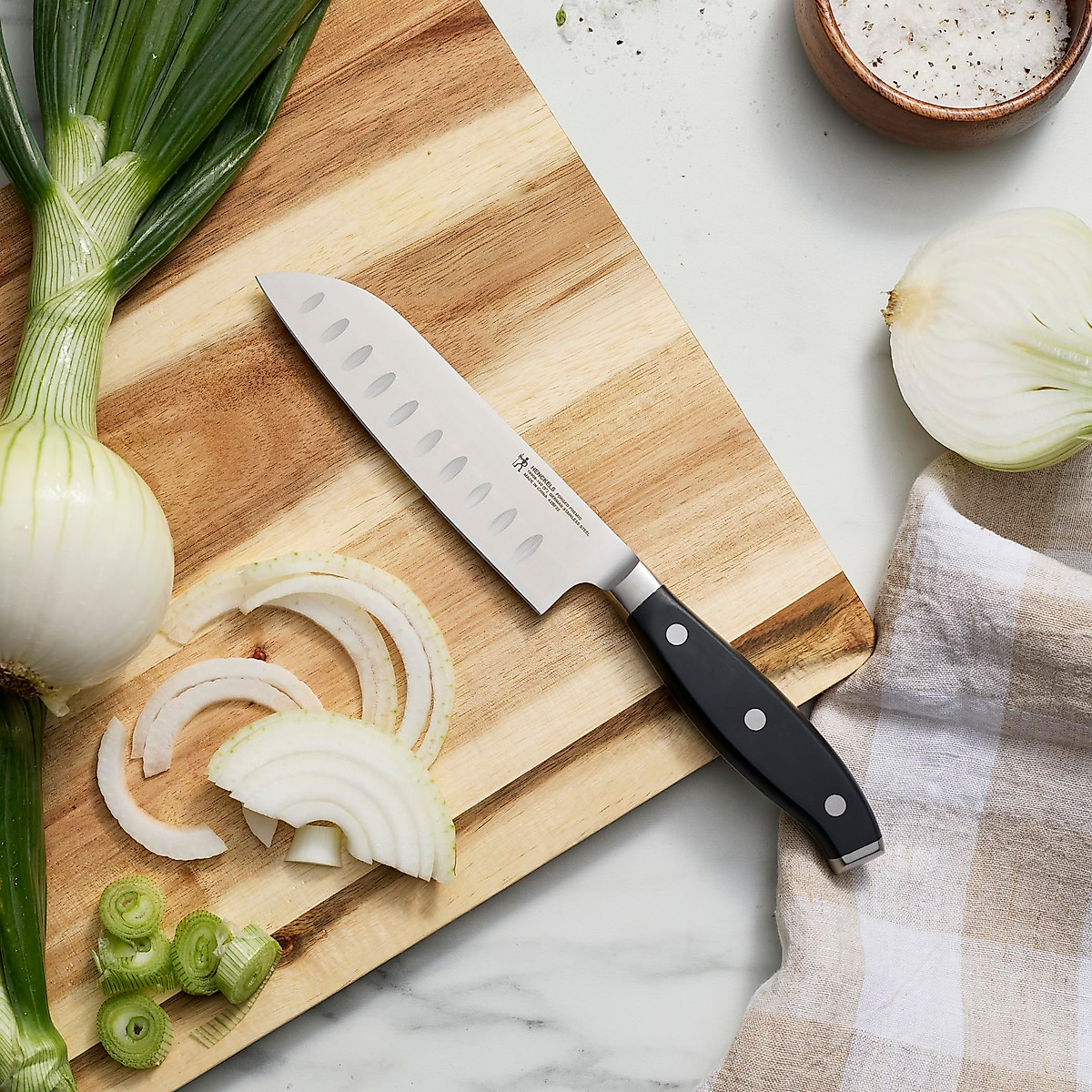 HENCKELS Forged Premio Hollow Edge Santoku Knife, 5 inch, Black/Stainless Steel