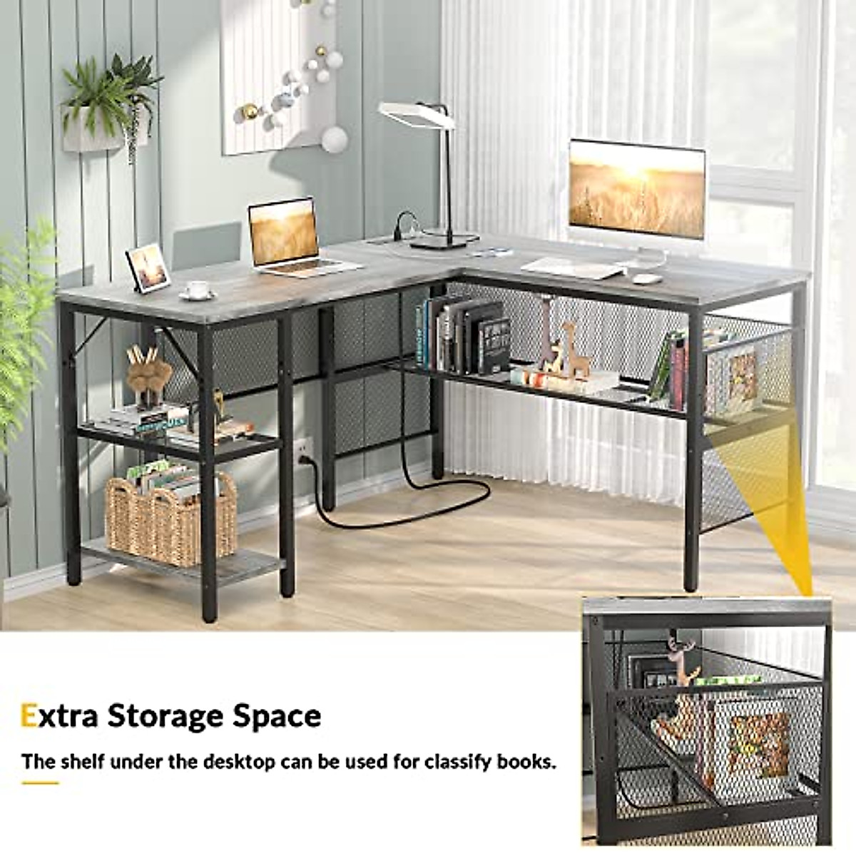 Unikito L Shaped Desk with USB Charging Port and Power Outlet and Office Lateral File Cabinet White Oak