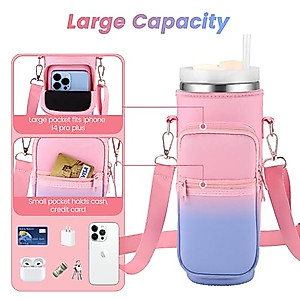 OUTXE Water Bottle Carrier Bag for 40oz Stanley Tumbler with Handle& Simple Modern, Water Bottle Holder with Adjustable Strap& Phone Pocket, Water Cup Pouch for Walking, Travel, Camping (Pink Blue)