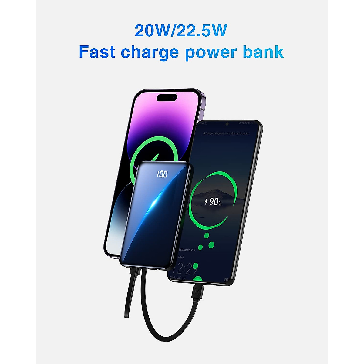 Portable Charger small Power Bank 12000mAh,Mini Fast Charging Power Bank,Battery Bank with Built-in Cables,2 Input and 4 output External Battery Pack Compatible with iPhone14/13/12/11/10/9/Android etc