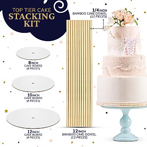 FromJennWithLove Cake Cardboard Rounds - Includes 8", 10", 12" Cake Boards with 12" x 0.25" Bamboo Dowels, Tier Cake Stacking Kit, Cake Dowels for Tiered Cakes, Cake Decorating Supplies