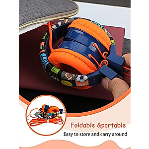 BASEMAN Kids Headphones with Microphone for School Foldable Earphones Kids On Ear Wired Headphones with Volume Control Corded Headset for Boys Girls Children Toddler Travel Computer - Orange