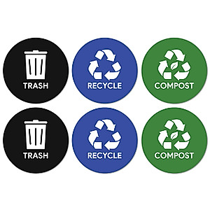 Sutter Signs Trash Compost Recycle Stickers for Trash Can 6pc Combo Set | Weatherproof Waste Management Decal Label Signs for Garbage Cans and Recycling Bins