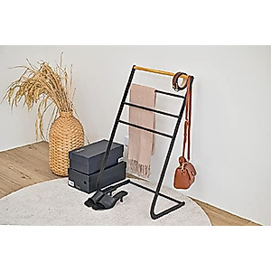 ikloo 32 Inch 4-Tier Freestanding Black Metal with Pine Wood Towel Rack for Bathroom with Hanging Bars, Laundry Room Drying Rack Organizer, Bathroom Storage Stand.