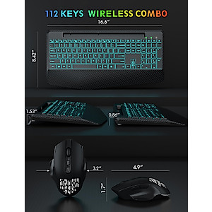 Wireless Keyboard and Mouse Backlits, Wrist Rest, Jiggler Mouse, Rechargeable Ergonomic Keyboard with Phone Holder, Silent Light Up Combo for Computer, Mac, PC, Laptop, Chromebook -by SABLUTE