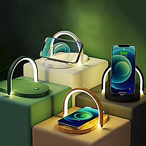 Table Lamp with Wireless Charger, 3 in 1 LED Bedside Night Light Phone Kickstand Foldable 15W Quick Wireless Charger for iPhone Samsung Huawei, Dimmable Desk Lamp for Bedroom, Office-Wood