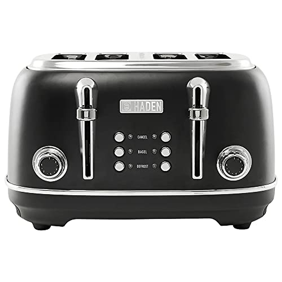 Haden Heritage 4-Slice Wide Slot Retro Toaster with Automatic Self-Center, Adjustable Settings, Reheat/Defrost, & Removable Crumb Tray, Black/Chrome