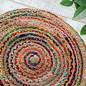Chardin home Braided Boho Round Rug Natural Jute & Rainbow Rags | 3 feet Round Farmhouse Jute & Cotton Rag Area Rug | Artisanal Bohemian Handcrafted Home Décor | Multi