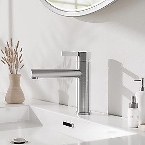 Phiestina Single Hole Single Handle Low Arc Brushed Nickel Bathroom Sink Faucet, Basin Faucet with Metal Pop-up Drain & Water Supply Line, FH01-BN