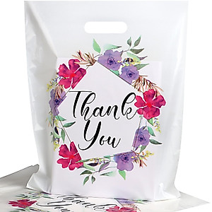 POPGIFTU Floral Thank You Plastic Bags 50 Pack 12" x 15" Thank You Bags for Small Business, Thank You Shopping Bags with Handles, for Boutique, Retail, Gift Bags, Clothes, Party Favors