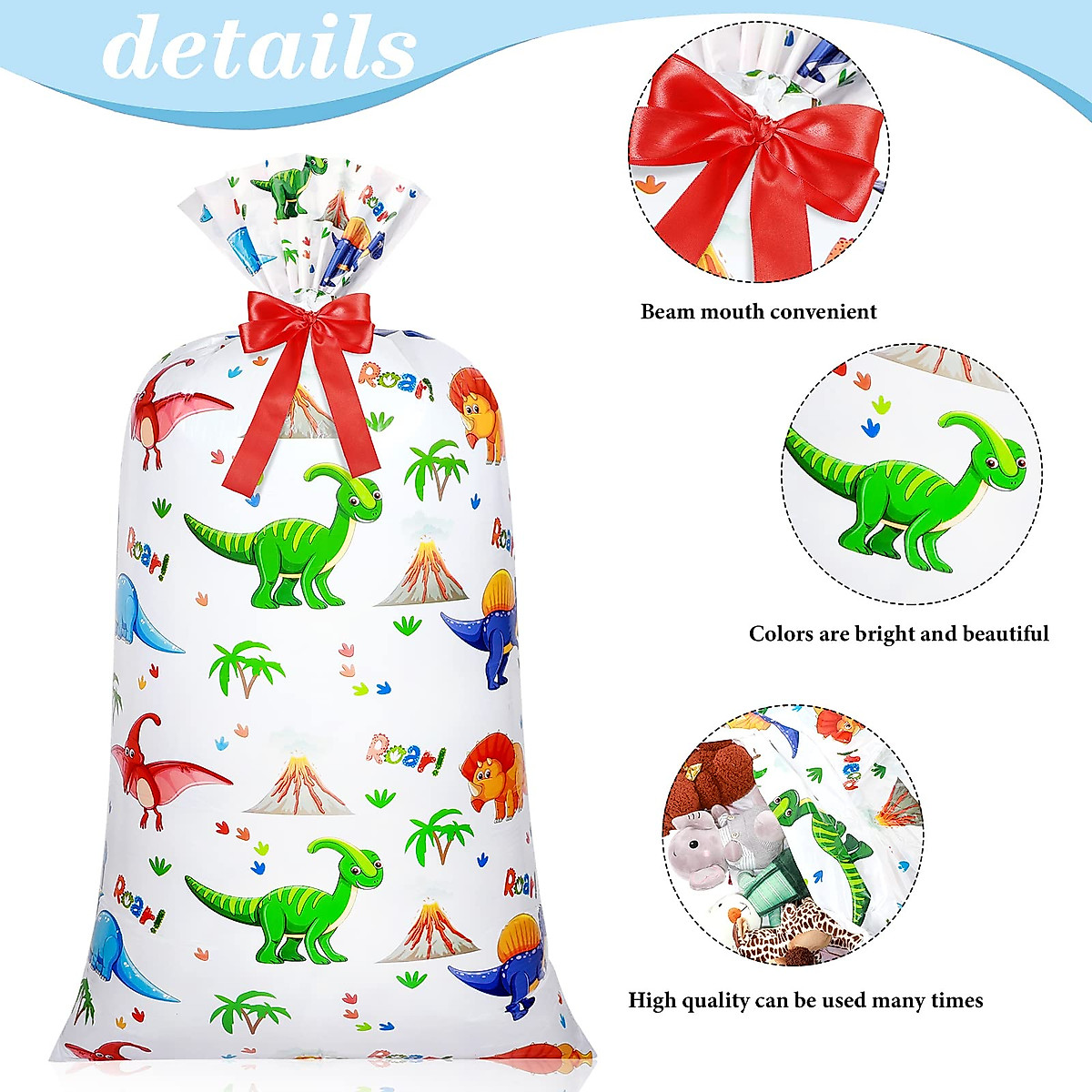 Teling 2 Pcs 70 x 40 Extra Large Jumbo Gift Bag for Giant Gifts, Extra Big Plastic Present Bag for Huge Gifts Wrapping Bags with 2 Rolls Ribbons for Birthday Party(Dinosaur Style)