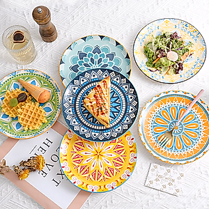 AHX Plate Set 8 Inch - Salad Plates | Dessert Appetizer Plates Colorful - Porcelain Lunch Plates - Set of 6 - Dishwasher and Microwave Safe