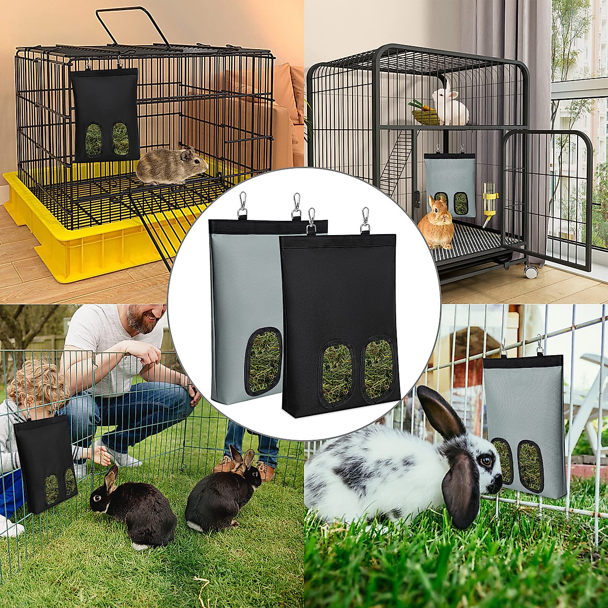 GOCOHHI 2 Pcs Guinea Pig Hay Feeder Bag, Rabbit Hay Feeder, 2 Holes Capacity Hay Holder, 600D Oxford Fabric Hay Bag for Rabbit Guinea Pig Chinchilla Hamsters Small Pets Animal