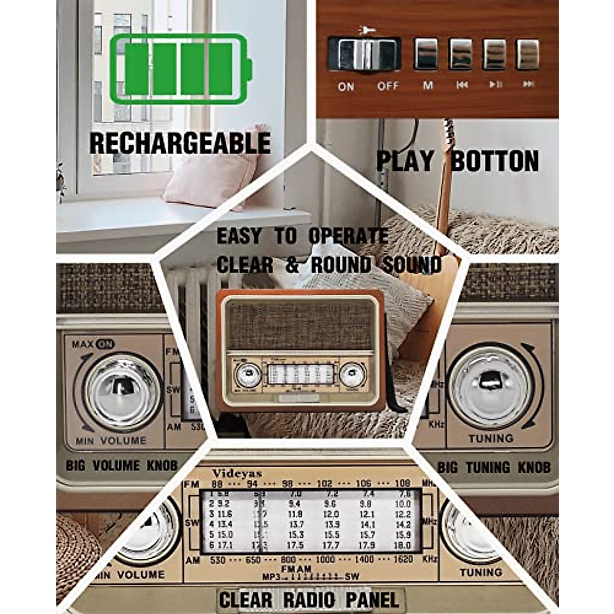 Videyas Portable Shortwave Retro Radio, AM FM Retro Radio, with Bluetooth Speaker, Best Reception, Rechargeable Battery, Torch, AUX TF USB Stick, Great for Outdoor Kitchen Gifts