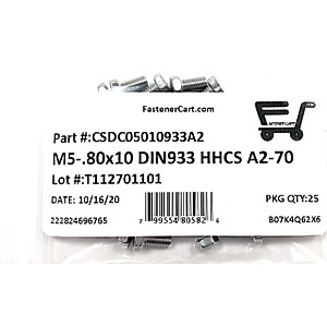 M5-.80 X 10 Hex Head Cap Screw Hex Bolts DIN933 (M5x10) Full Thread A2-70 Stainless Steel (25 Pieces)