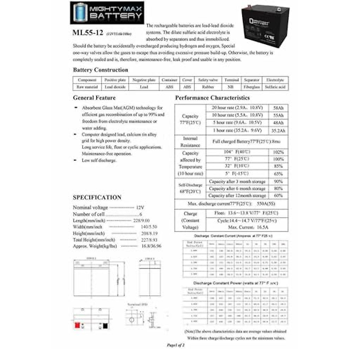Mighty Max Battery UB12550 (Group 22NF) Battery - Universal Battery - 12V 55Ah