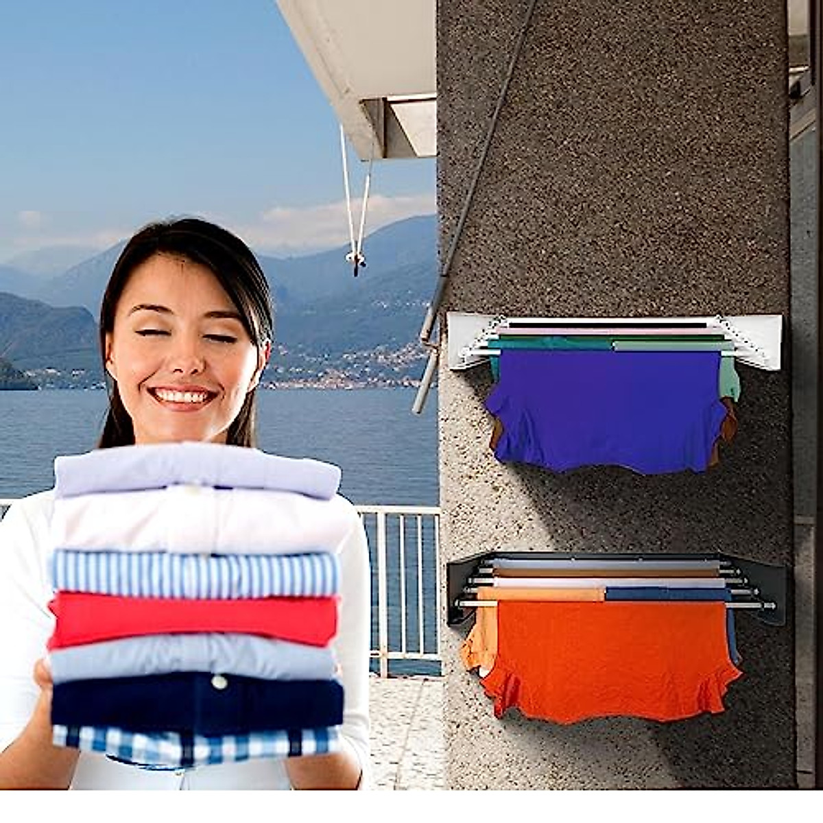 LEBENSART Laundry Drying Rack, Stainless Steel Collapsible Wall Mounted Space Saving Clothes Drying Rack, Indoor and Outdoor Foldable Drying Rack, 40lbs-14Ft Drying Capacity,27,5" (White)