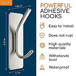 GLUIT Adhesive Towel Hooks for Bathroom Wall Hooks for Hanging Heavy Duty for Door Coat Rack Sticky Hanger Holder Durable Stainless Steel (Silver, 4 Pack)