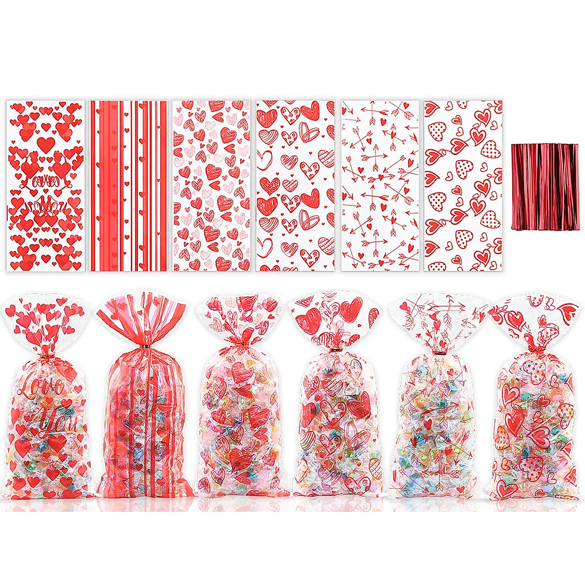 Boerni Valentine Cellophane Plastic Candy Cookie Treat Goodies Gift Heart Bags 120pcs And Gold Twist Ties for Valentine Party Supplies