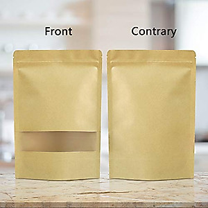 FireKylin 100 Pcs Resealable Bags,3.5" x 5.5" Stand Up Kraft Paper Bags with Matte Window, Zip Lock Food Storage Bags for Packaging Products, Reusable, Sealable