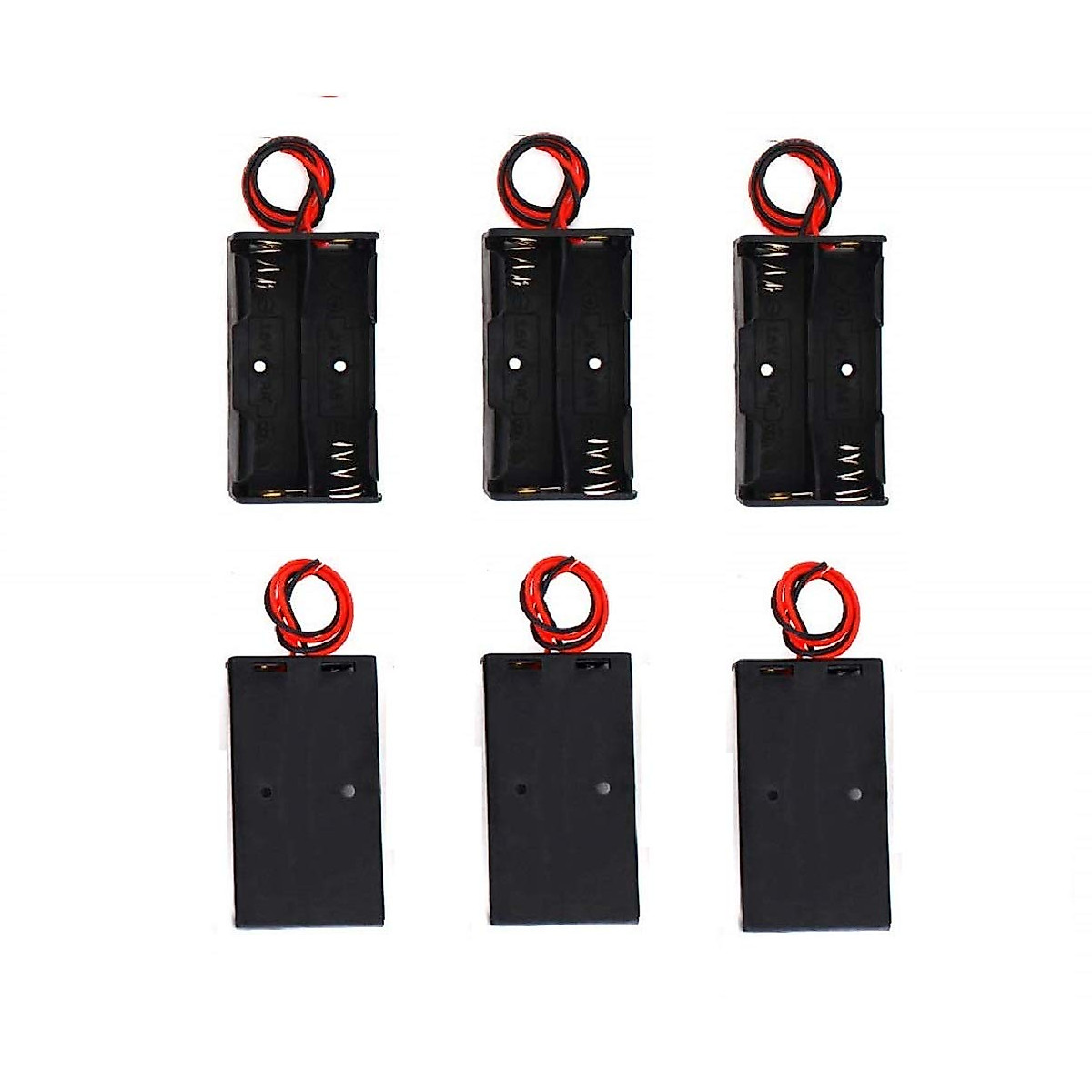 OLIREXD 6PCS 2 x 1.5V AAA Battery Spring Clip Plastic Storage Box 2 Slots x 1.5V AAA Battery Case Holder Black Red Wire Leads (2AAA)