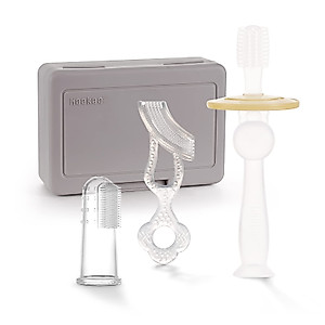 haakaa Training Toothbrush Set Oral Care Kit, Soft Silicone Toothbrush for Baby, Infants, Toddlers & Kids, SUVA Grey