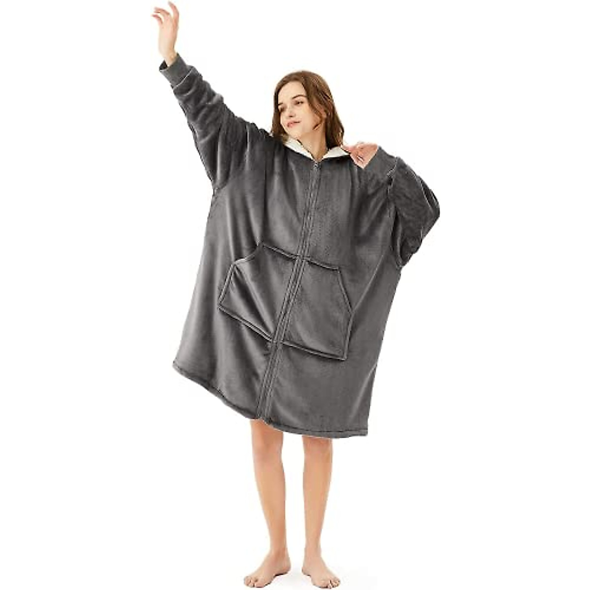 CYMULA Wearable Blanket Hoodie, Oversized Giant Hoodie Wearable Blanket Sweatshirt for Adult, Sherpa Fleece Blanket Hoodie with Pocket for Women Men, Warm Cozy Blanket with Zipper Sleeves Gray