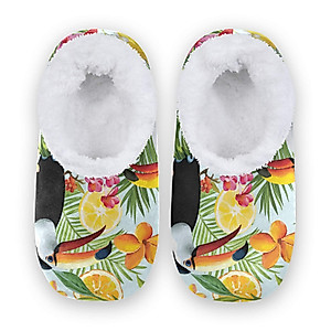 Qmxo Tropical Fruits Lemon Bird Toucan Flowers Slippers for Women and Men, Womens Coral Fleece Indoor Slippers House slippers Socks Fuzzy Feet Slippers Bedroom Slippers Non-Slip
