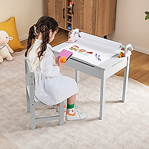 INFANS Kids Table and Chair Set with Paper Roll, Wooden Lift-top Desk for Toddler Writing Drawing Reading Craft Art, Children Furniture Activity Table Set for Nursery Daycare Playroom (Grey)