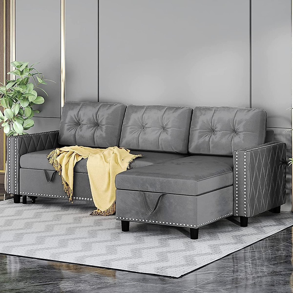 Mjkone 3 Seat L-Shape Sectional Sofa Couch with Pull Out Bed and Reversible Storage Chaise, Modern 83 Inch Sleeper Sofa with Breathable Velvet Fabric and Nailhead Trim for Living Room, Dark Gray
