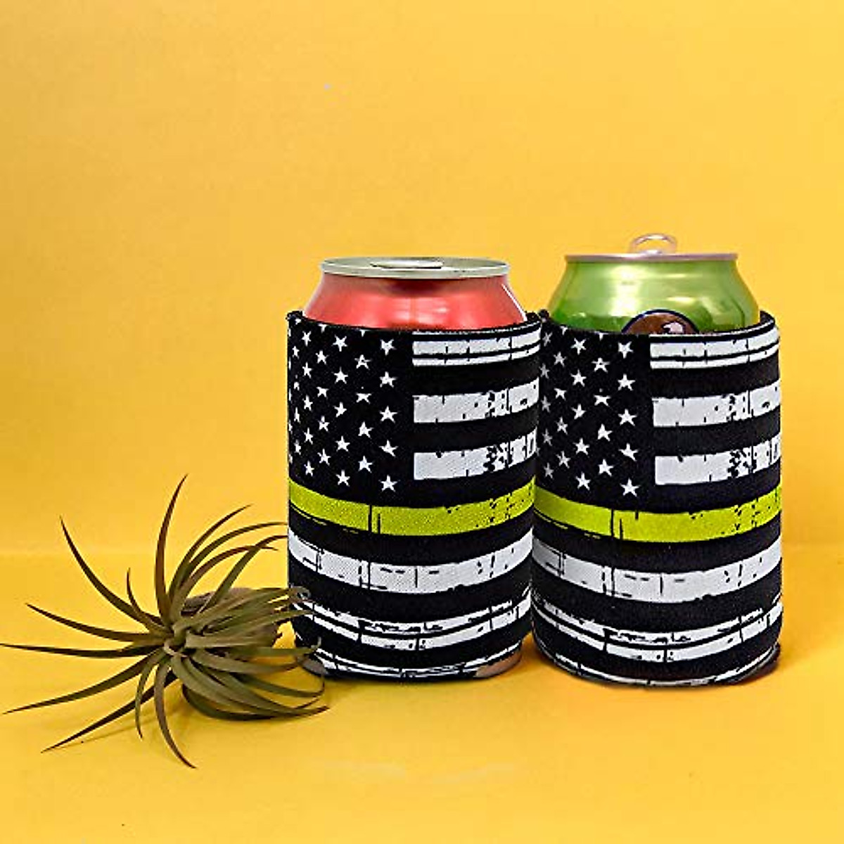 Can Cooler Sleeves USA Thin Yellow Line Flag Can Coolies Bulk Drink Beer Can Insulator Covers Collapsible Can Wraps 6Pc