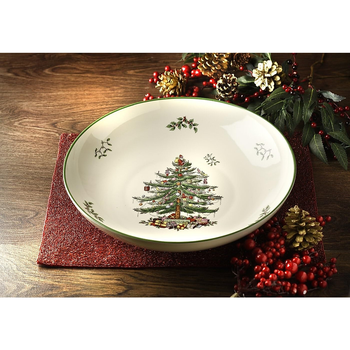 Spode Christmas Tree Collection Pasta Bowl, Large 13 Inch Serving Boel, Dishwasher, Microwave, and Freezer Safe, Made of Porcelain, Serveware, Christmas Tree Design, Green/Beige