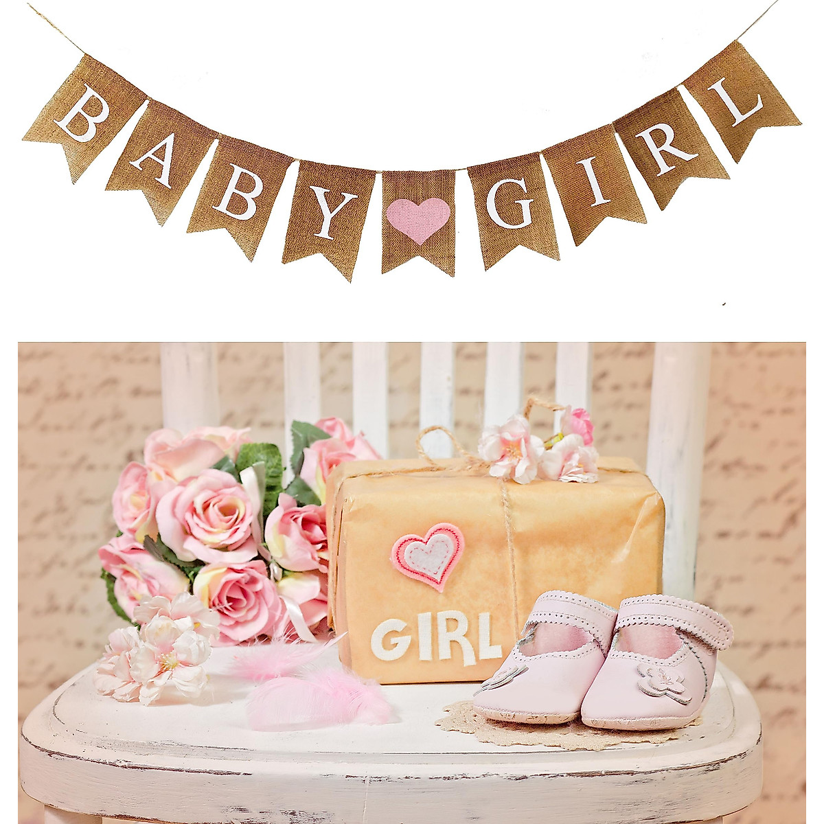 Shimmer Anna Shine Baby Girl Burlap Banner for Baby Shower Decorations and Gender Reveal Party (Light Pink Heart)