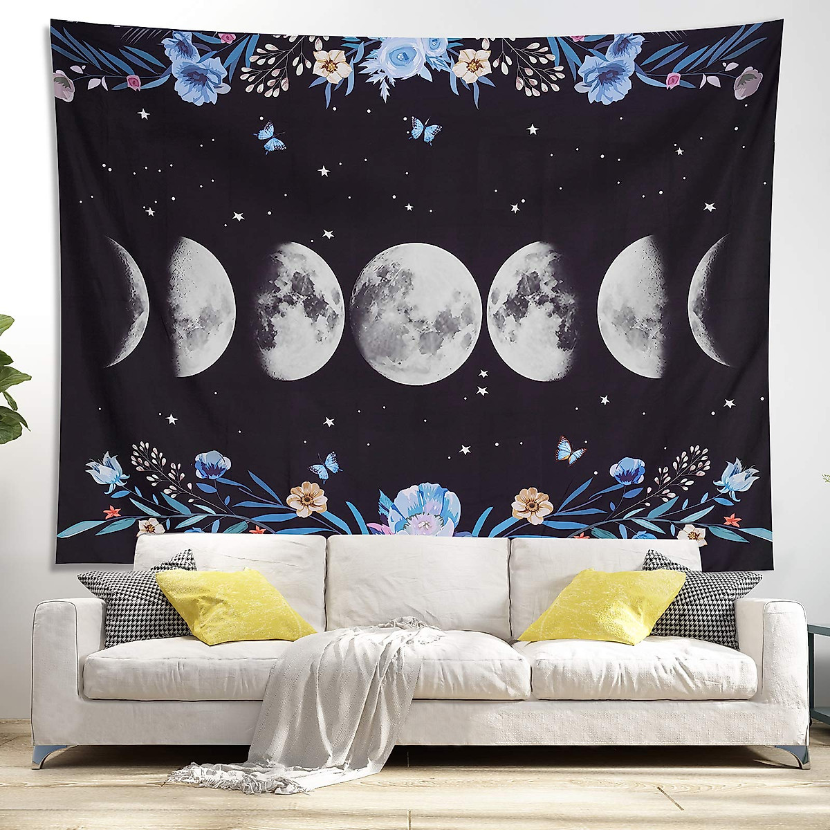 Pocass Moon Phase Tapestry with Floral Vine Butterfly Moonlit Garden Tapestry Black Background Flower Wall Hanging Tapestry for Home 59.1ʺ × 78.7ʺ