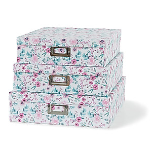 Soul & Lane Floral Decorative Storage Boxes With Lids - Set of 3: Pretty Archival Photo Storage Boxes, Letter and Document Box, Scrapbook Storage Box, Nesting Paperboard Keepsake Memory Boxes