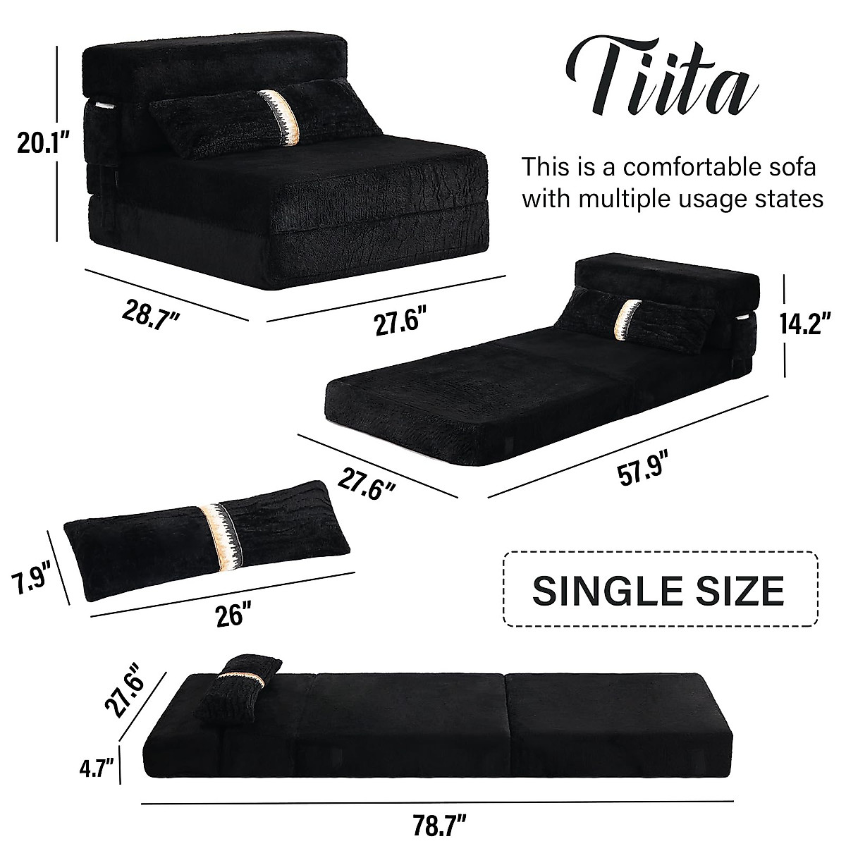 Tiita Folding Sofa Bed Couch, Single Size Foldable Futon Chair Bed with Pillow, Folding Sleeper Sofa Chair Bed Floor Mattress for Guest Room, Living Room, Black