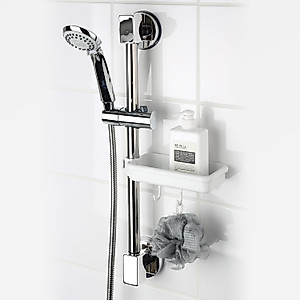 DeHUB Shower Caddy 7" with Hooks for Bathroom, Shower, Sink, Countertop, Shampoo, Soap, Sponge, Easy Installation, Dual Locking Clamp, No Drilling, No Glue, Height Adjustable, White