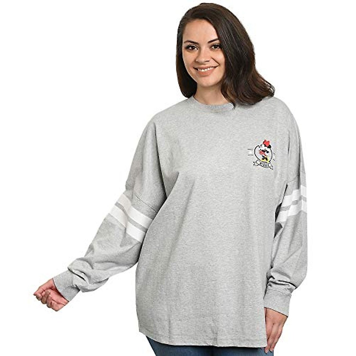 Disney Womens Long Sleeve Jersey Oversized Minnie Mouse (Heather Grey, Large)
