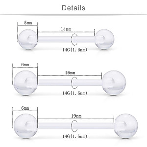 SCERRING 30PCS 14G Clear Acrylic Bioflex Nipple Tongue Bar Barbell Rings Piercing Retainer Piercing Body Jewelry 9/16Inch 5/8Inch 3/4Inch