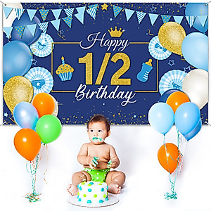 1/2 Birthday Decoration Backdrop Blue and Gold Half Birthday Banner 6 Months Happy Birthday Background Half Birthday Party Supplies Photo Booth Props for Photography (3.6 x 6 Feet)