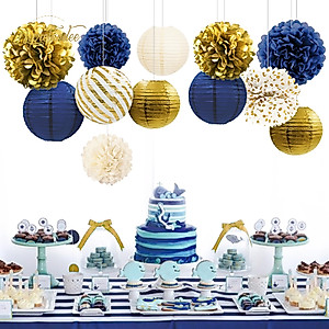NICROLANDEE Navy Blue and Gold Decorations, 12PCS Hanging Paper Lanterns Tissue Pom Poms Decor for Graduation Party, Winter Wedding, Mens Birthday, Memorial Day Decorations, New Years Party Supplies