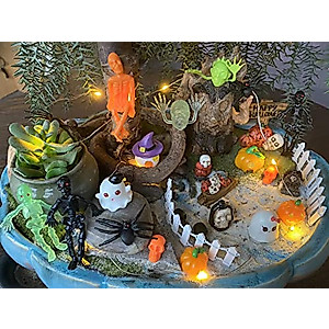 BangBangDa Miniature Halloween Fairy Garden Accessory - DIY Cake Topper Halloween Dollhouse Fall Village Terrarium Ornament Set Yard Garden Mini Skull Pumpkin Figurine Ghost Spider Witch Figurines