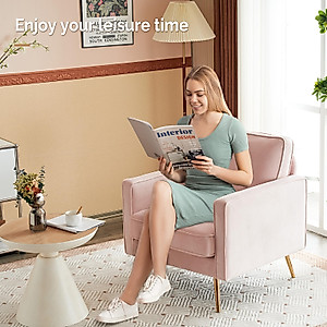 VINGLI Modern Pink Velvet Accent Chair for Living Room,Bedroom Comfy Chair Arm Chair Reading Chair with Golden Metal Legs and Deep Seat for Office,Apartment,Small Space