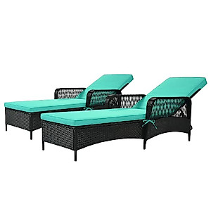 DHHU Foldable Chaise Sun Lounger Terrace, Outdoor Rattan Lounge Chair, Adjustable Back Recliner, (2 Set), Black Wicker/Green Cushion