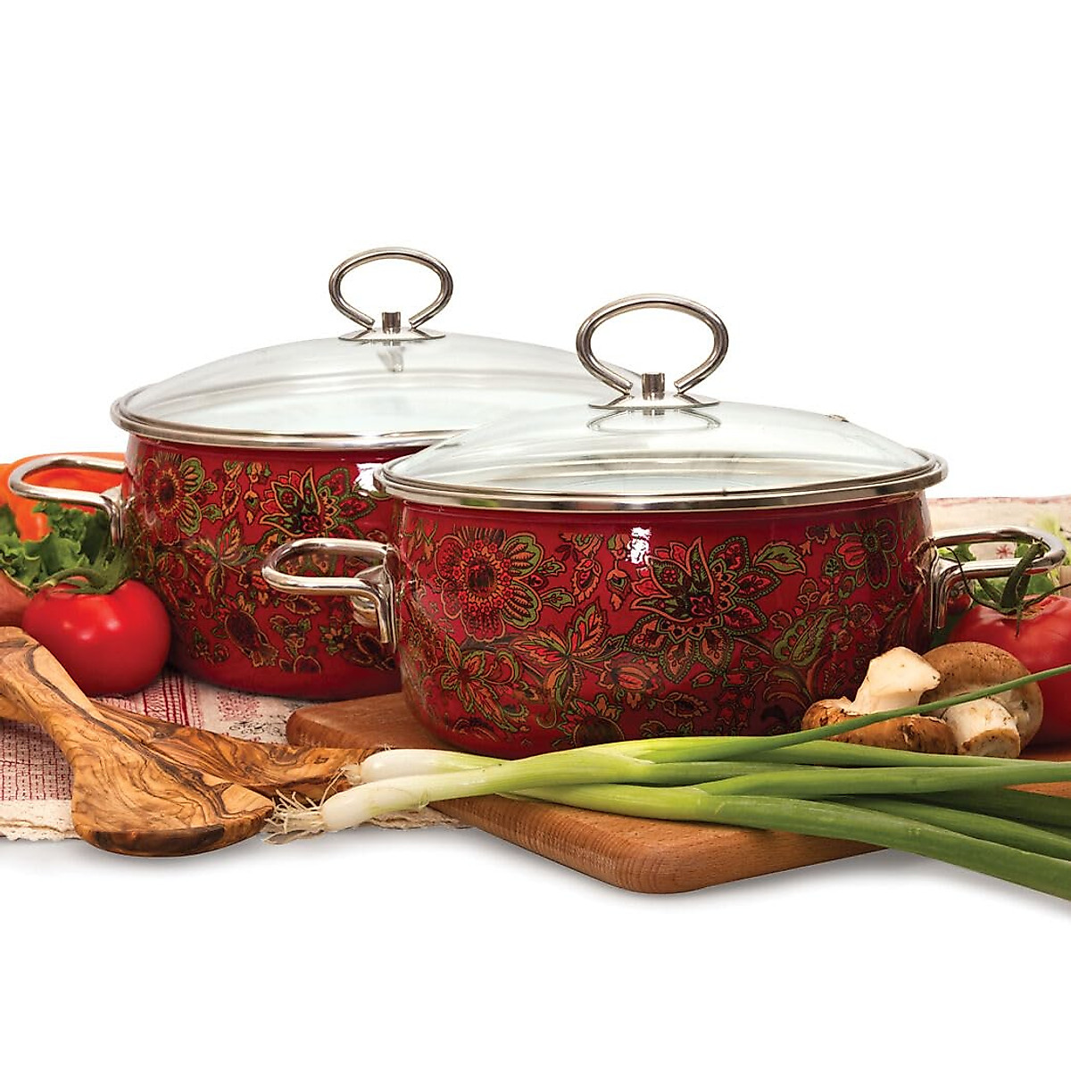 HOMEHUT Traditional Khokhloma Vitross Imperio Enamelware Pot - Durable Enameled Steel Heat-Resistant Stock Pot Set with Glass Lid, Hygienic and Dishwasher Safe 4L