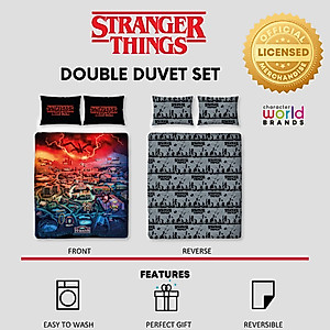 Stranger Things Character World Official Double Duvet Cover | Hawkins Town Map Design, Reversible Easy Care Bedding 2 Sided Duvet Quilt Set with Matching Pillow Cases, Multicolour Print