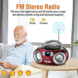 MEGATEK Portable CD Player Boombox with FM Radio, Bluetooth, USB, Aux-in and Headphone Jack, CD-R/RW and MP3 CDs Compatible, Enhanced Stereo Sound, AC/Battery Operated - Cherry Red