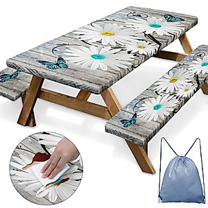 Nesphy Daisy Flowers Butterfly Picnic Table Cover with Bench Covers, Wooden Vintage Farmhouse Outdoor Camping Essentials 6FT 3PCS Fitted Rectangle RV Must Haves Tablecloth with Drawstring Bag