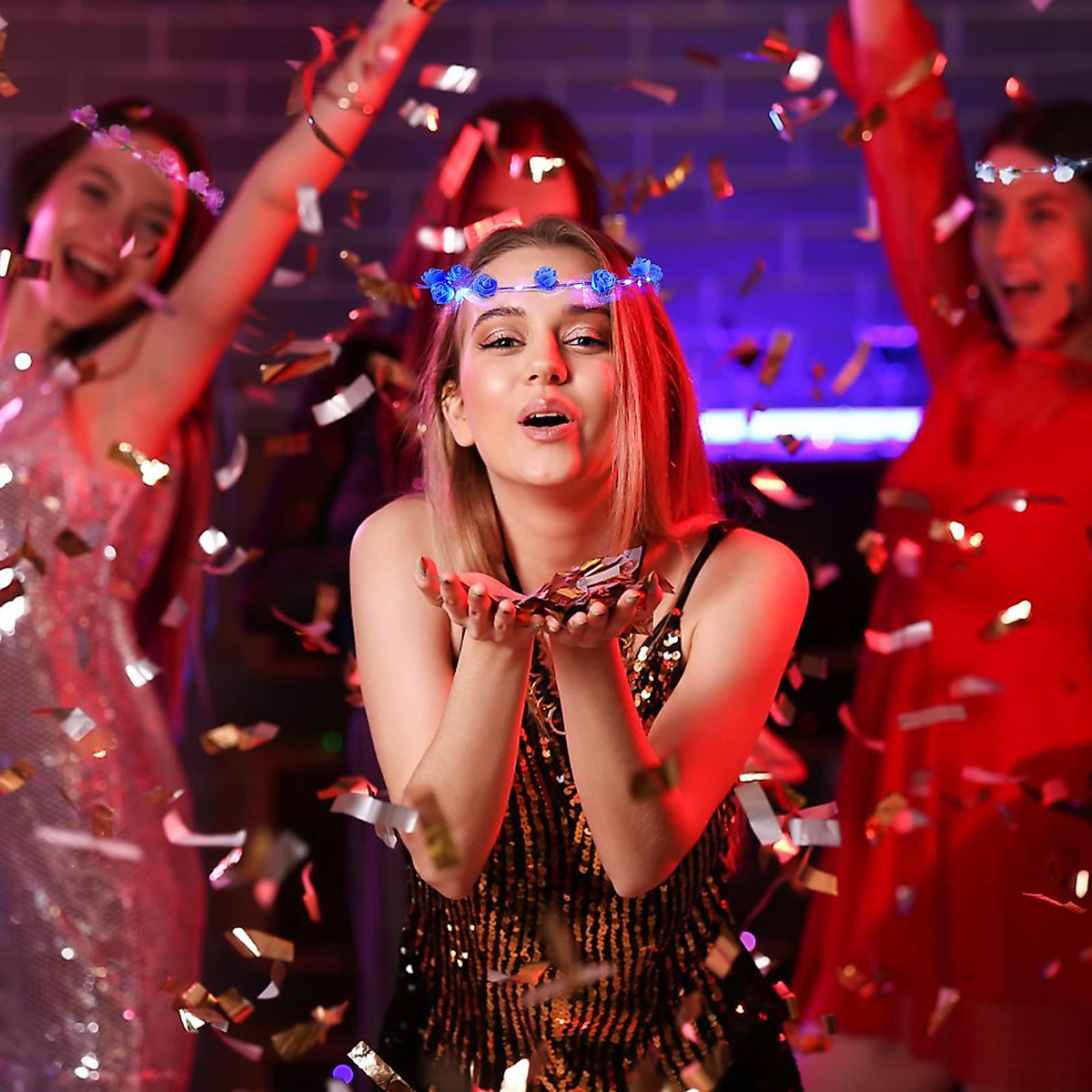 7 Pcs LED Flower Crown Headband, Light Up Flower Headbands for Women, Garlands Glowing Floral Wreath Crowns for Wedding Beach Party Birthday Cosplay (Diameter 19CM/7.4Inch)