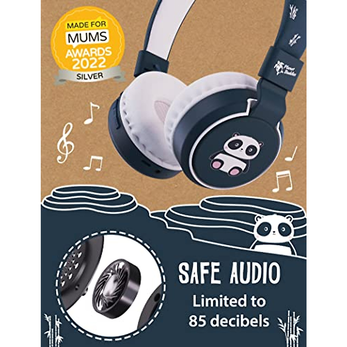 Planet Buddies Cute Panda On-Ear Bluetooth Headphones for Kids | Foldable Wireless Kids Headphones | Kids Headset with Microphone for Tablets and Phones | Child-Safe Volume for School, Music & Calls